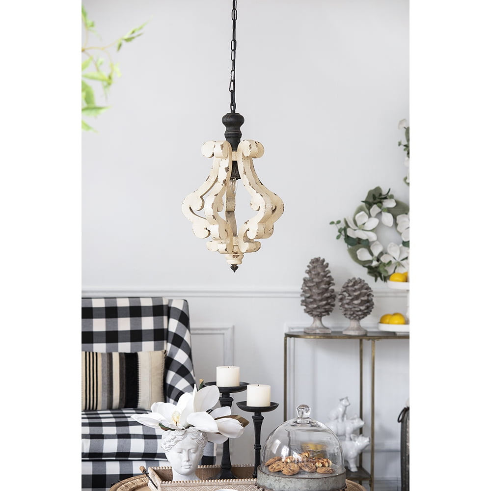 Farmhouse Pendant Chandelier, Distressed White, French Country Wood ...