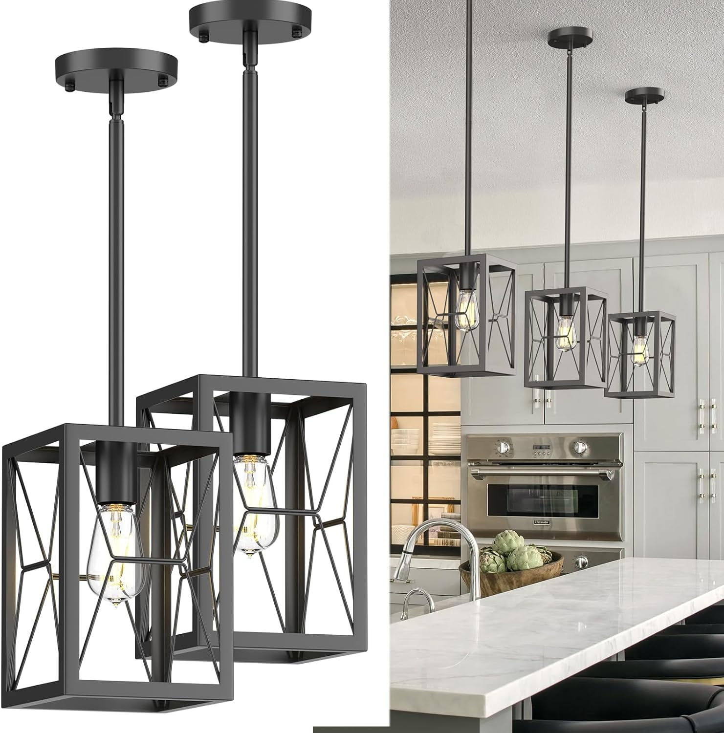 Farmhouse Pendant Light, Black Kitchen Island Pendant Lights, Metal ...