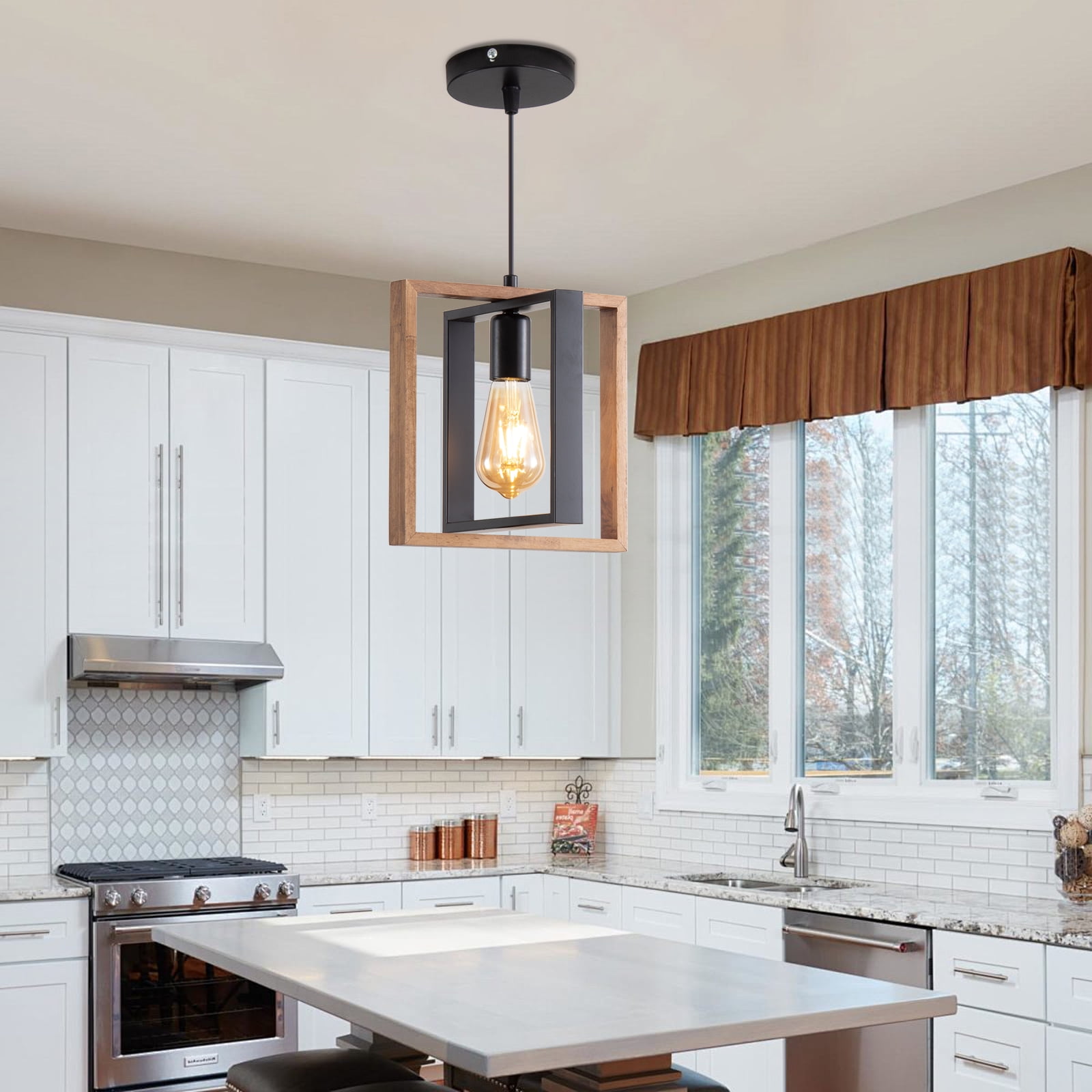 Farmhouse Pendant Light Fixture, Rustic Hanging Light Fixture with Wood ...