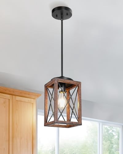 Farmhouse Pendant Light, Metal Hanging Light Fixture with Wooden Grain ...