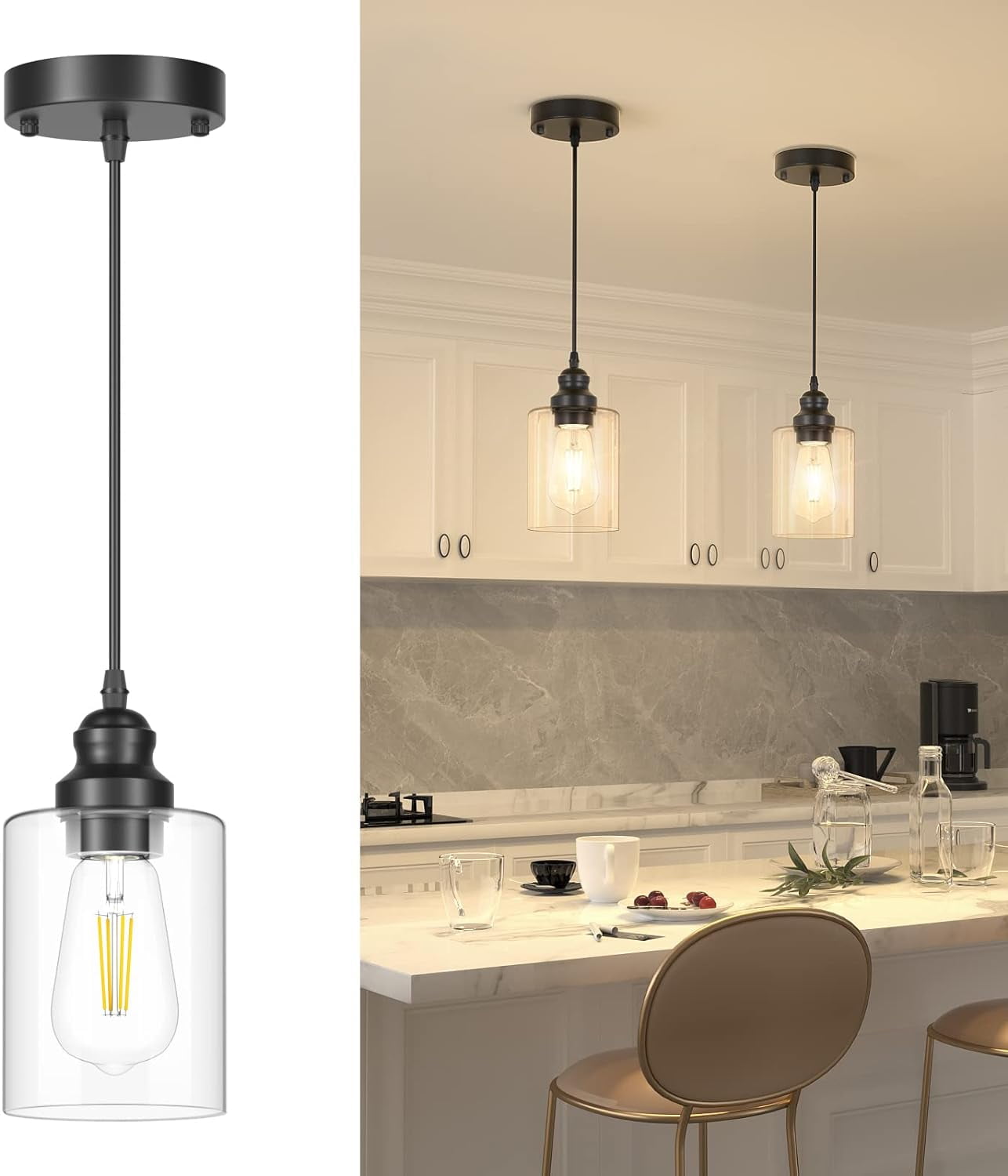 Farmhouse Pendant Lighting Fixtures, Adjustable Black Hanging Light ...