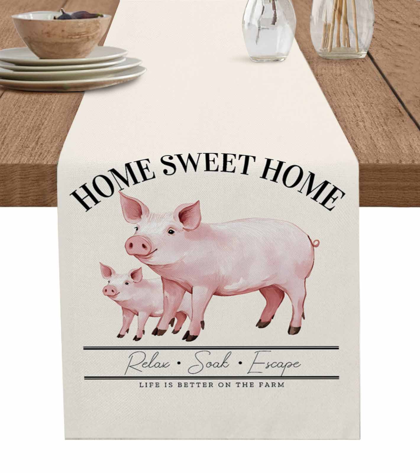 Farmhouse Pig Burlap Cotton Table Runner 13x48 Inches Long, Watercolor ...
