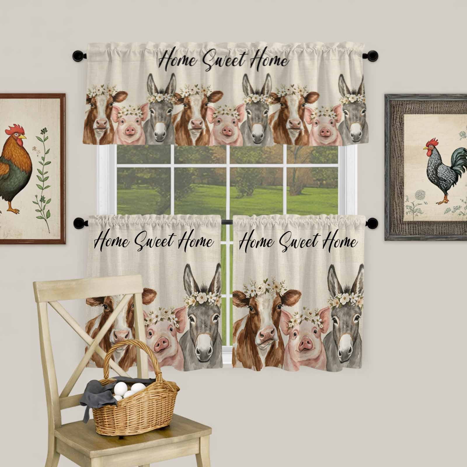 Farmhouse Pig Cattle Donkey Curtain Tier and Valance Set 3 Piece, Sweet ...