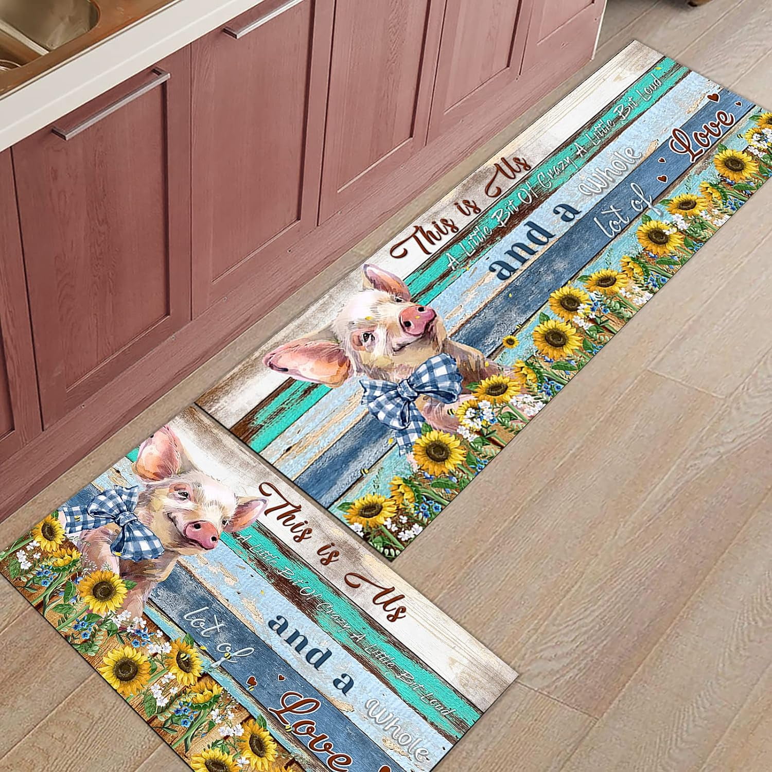 Farmhouse Pig Kitchen Mats 2 Piece, Farm Animal Pig with Sunflower ...