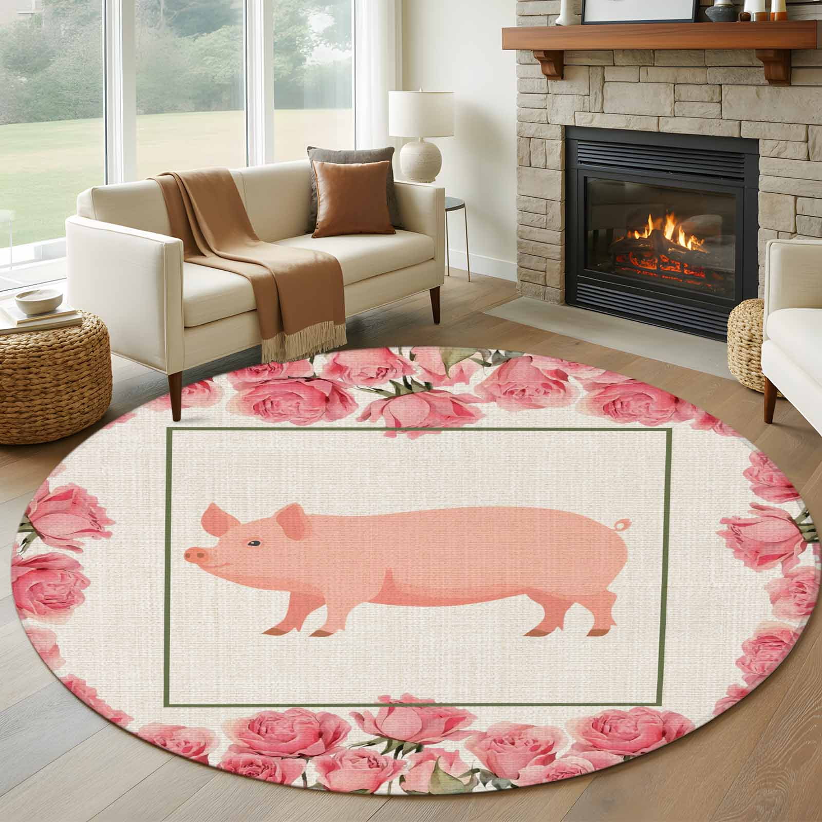 Farmhouse Pig Round Rugs for Living Room 7ft Pink Rose Wreath Rustic ...