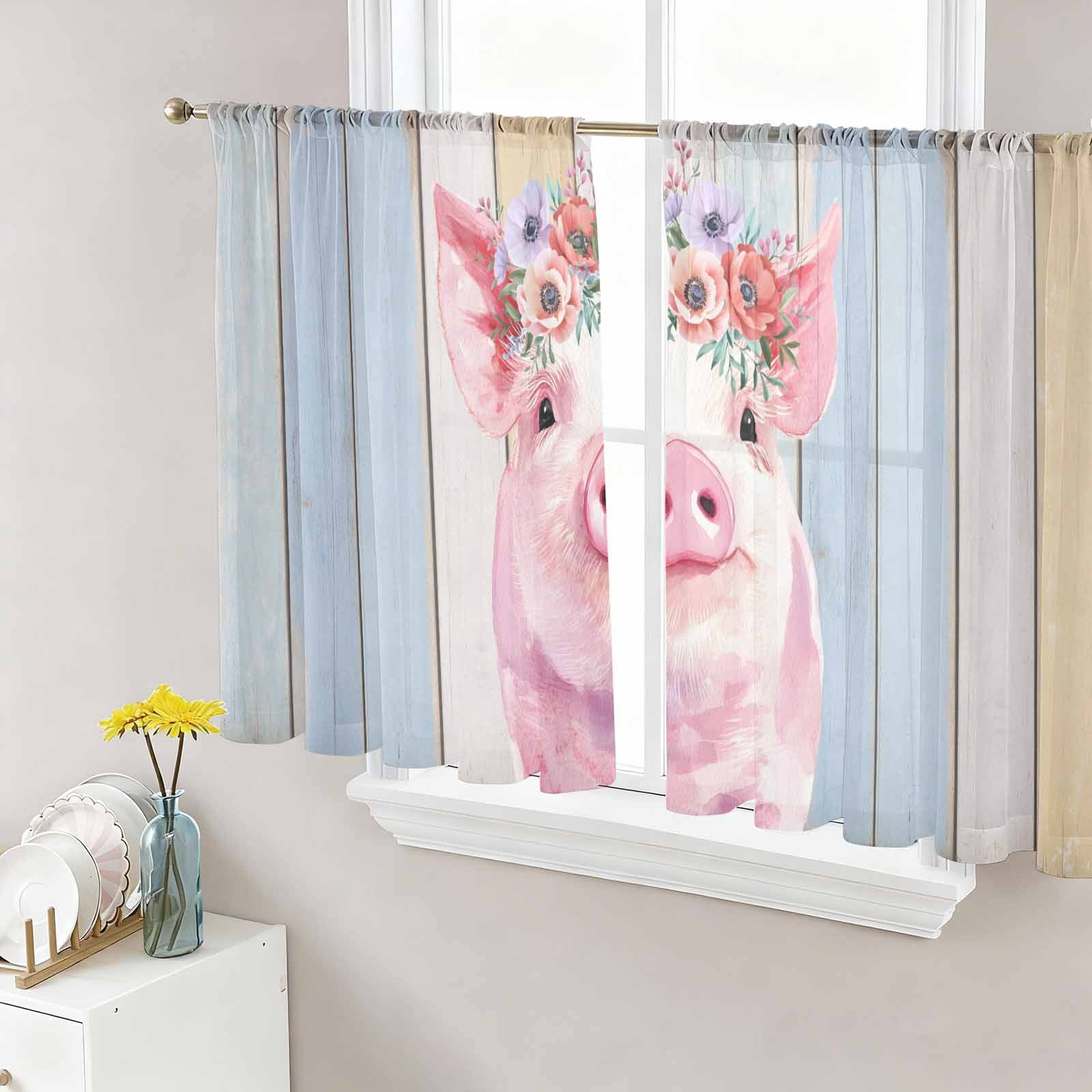 Farmhouse Pig Sheer Curtains 45 Inch Length 2 Panels Set, Spring Floral ...