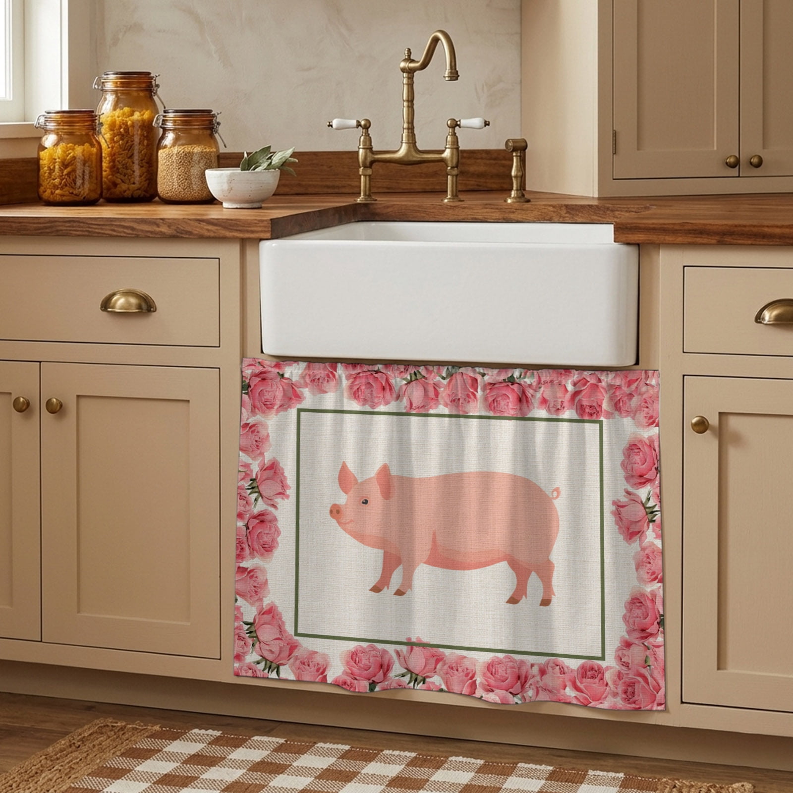 Farmhouse Pig Small Cabinet Curtains 11"W x 13"L, Country Pink Rose ...