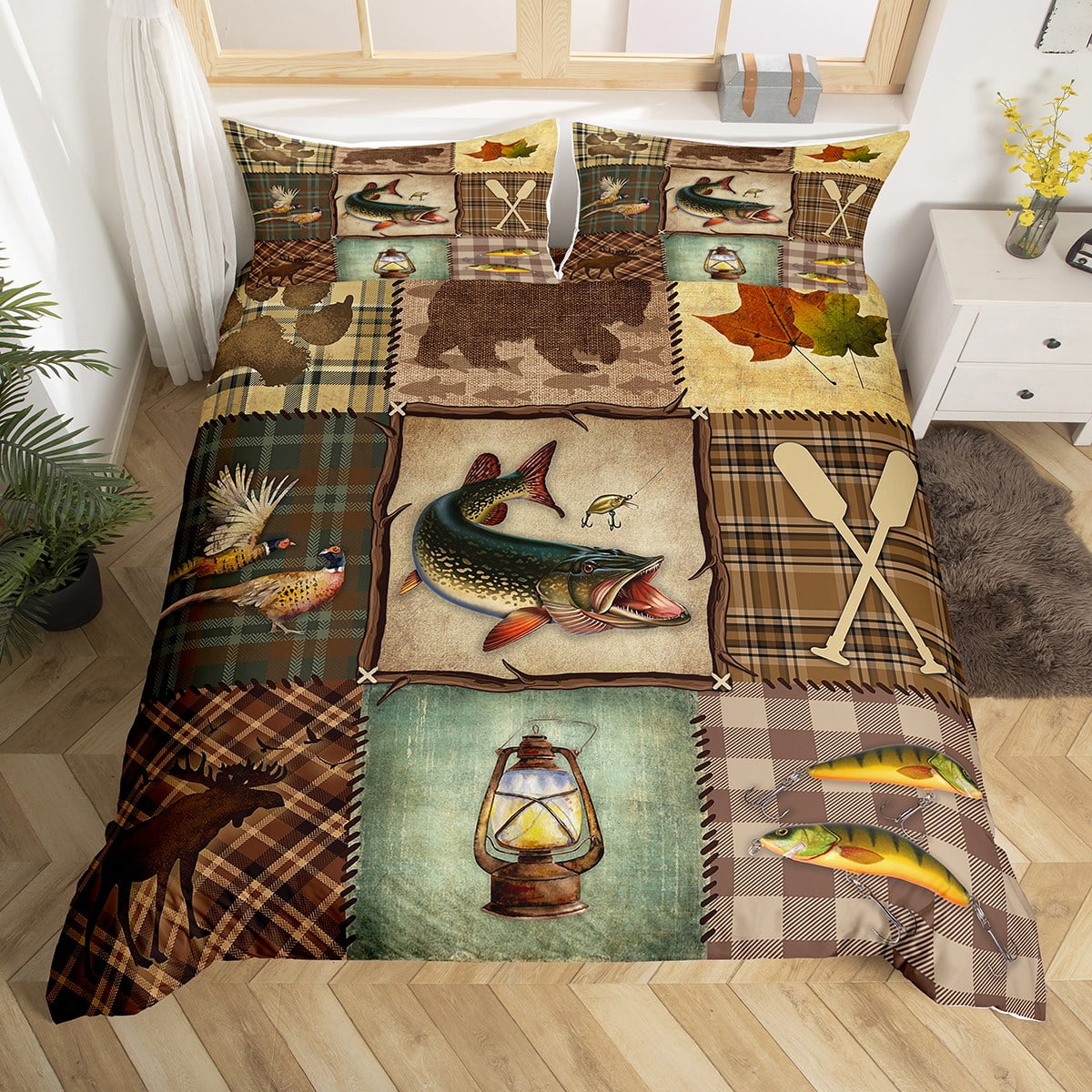 Farmhouse Pike Fish Duvet Cover for Boys Men,Hunting Fishing Bedding ...