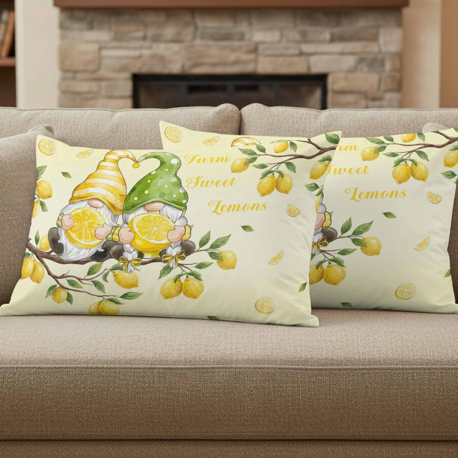 Farmhouse Pillow Covers Set of 2, Summer Yellow Green Lemon Gnomes ...