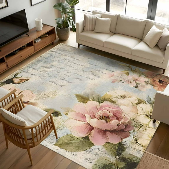 Farmhouse Pink Floral 5x7 Area Rugs, Spring Vintage Botanical Flowers ...