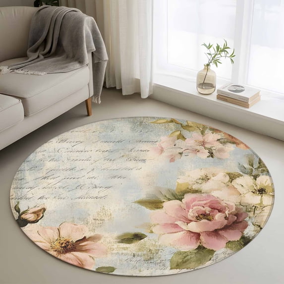 Farmhouse Pink Floral Round Rugs 3.3ft, Spring Vintage Botanical ...