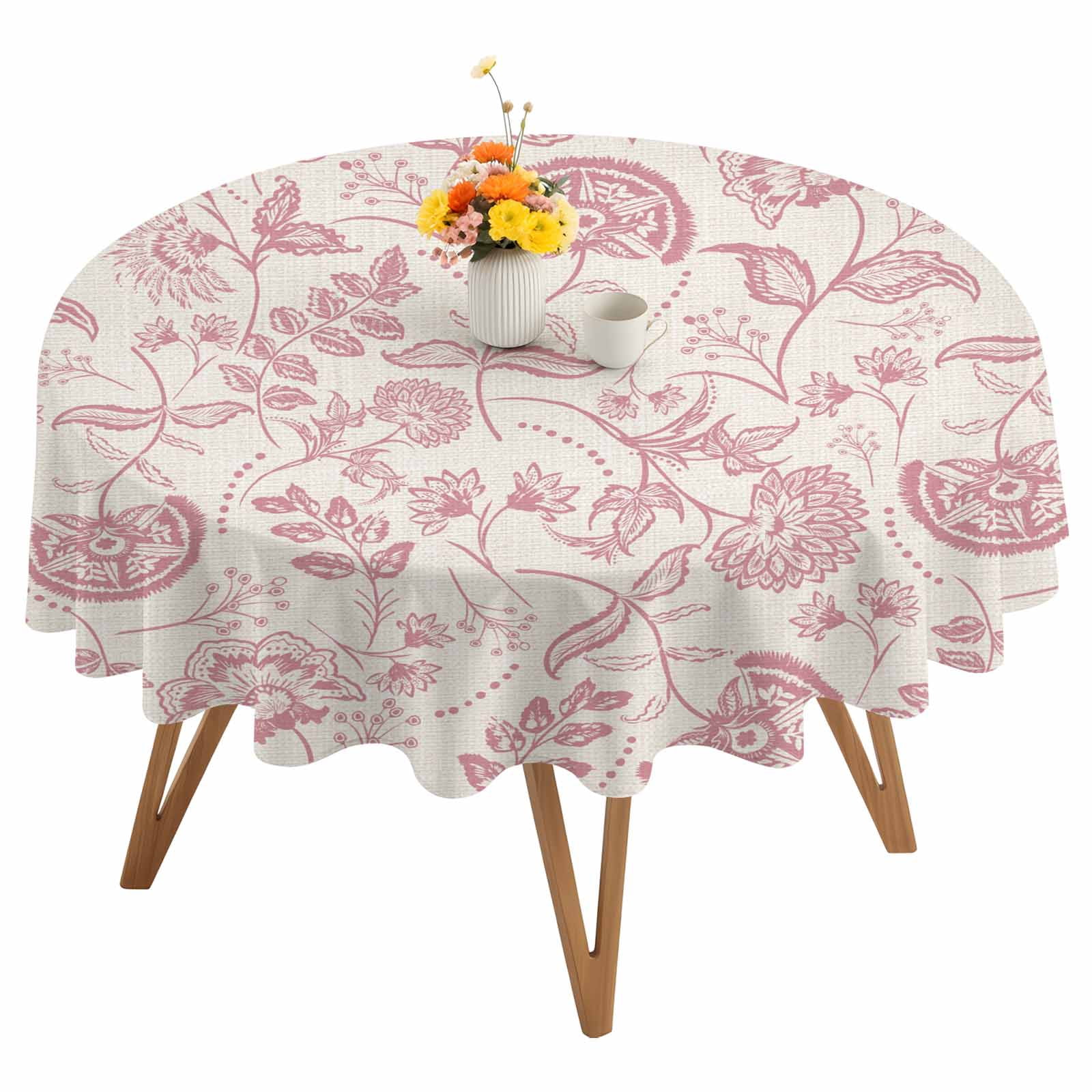 Farmhouse Pink Floral Round Tablecloth 54 inches Linen Boho Flower ...