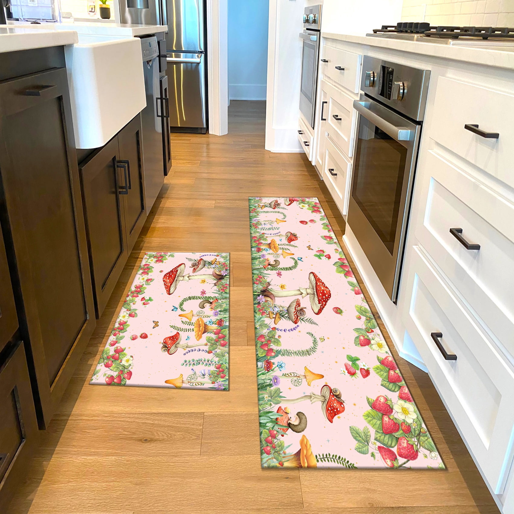 Farmhouse Pink Kitchen Mats Mushroom Strawberries Wild Flowers Kitchen ...