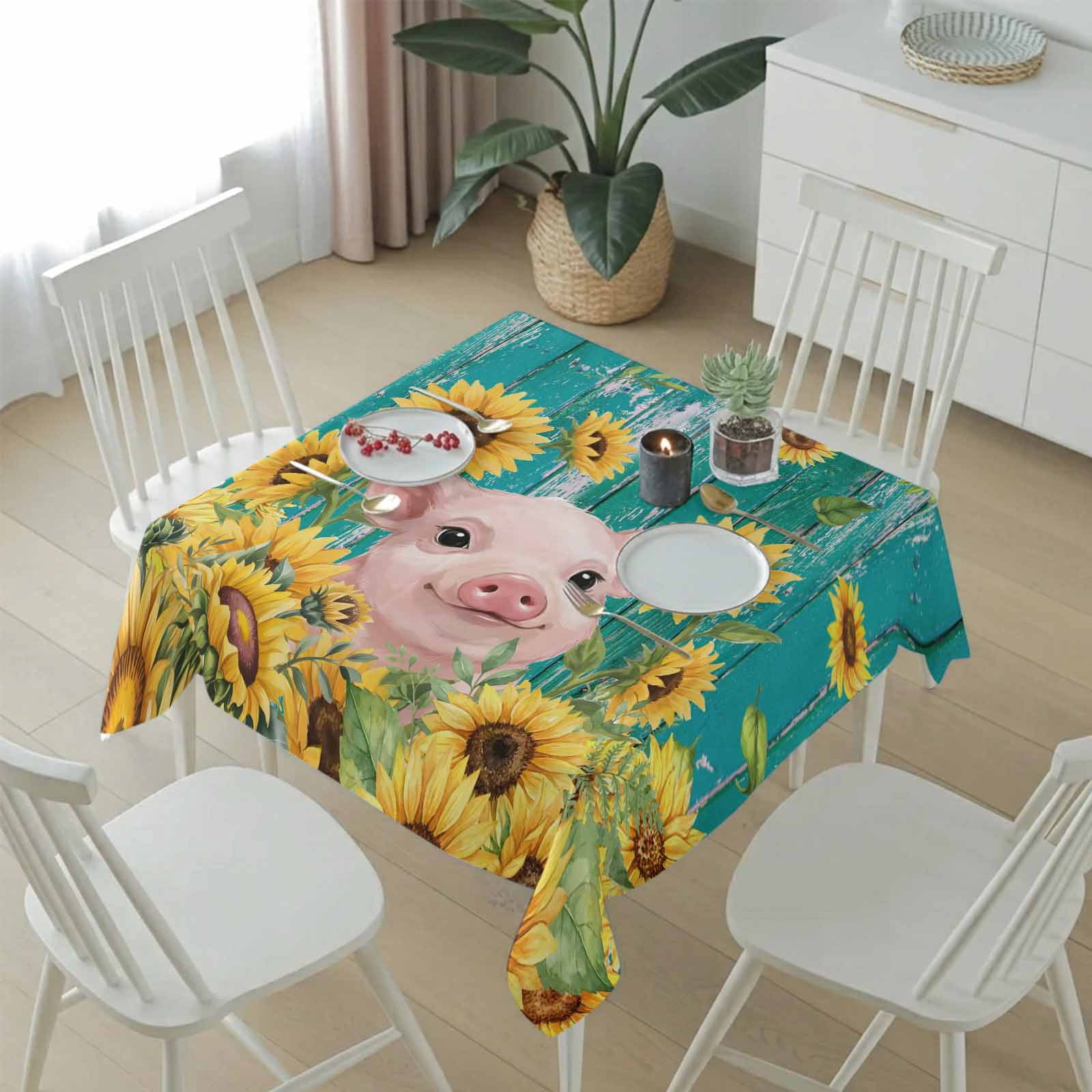 Farmhouse Pink Pig Sunflower Table Cloth 54x54in, Waterproof Square ...