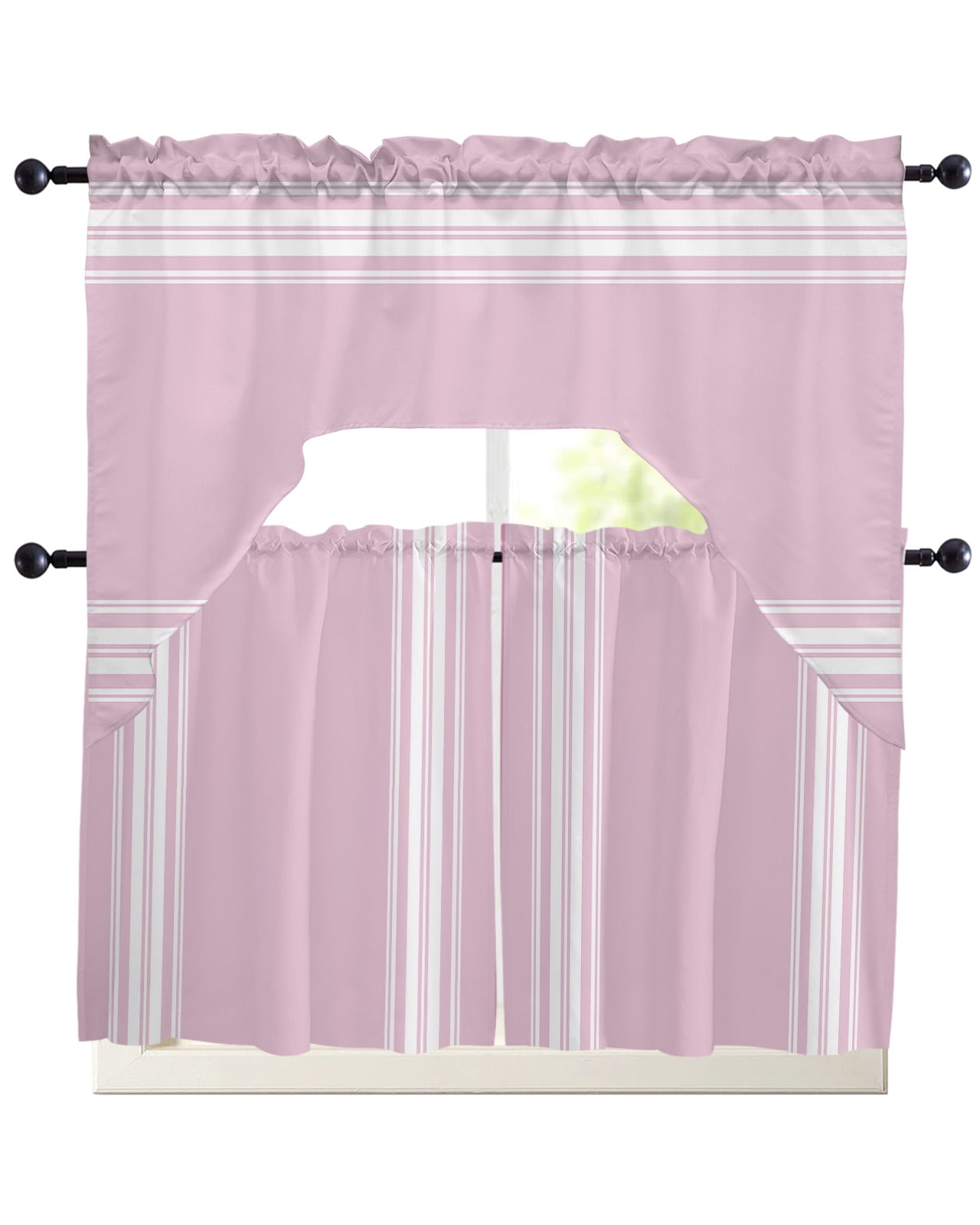Farmhouse Pink Swag Valance and Tier Curtains Set White Stripe Kitchen ...