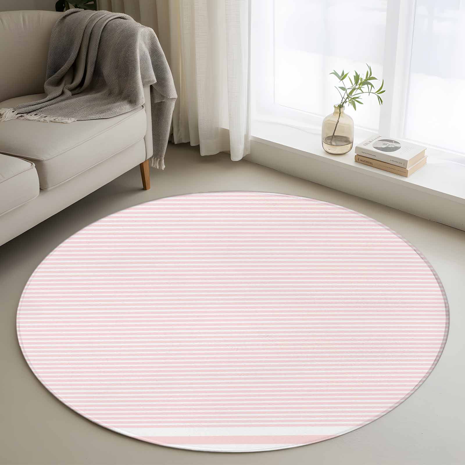 Farmhouse Pink White Striped Round Area Rug 4 FT, Non Slip Indoor ...