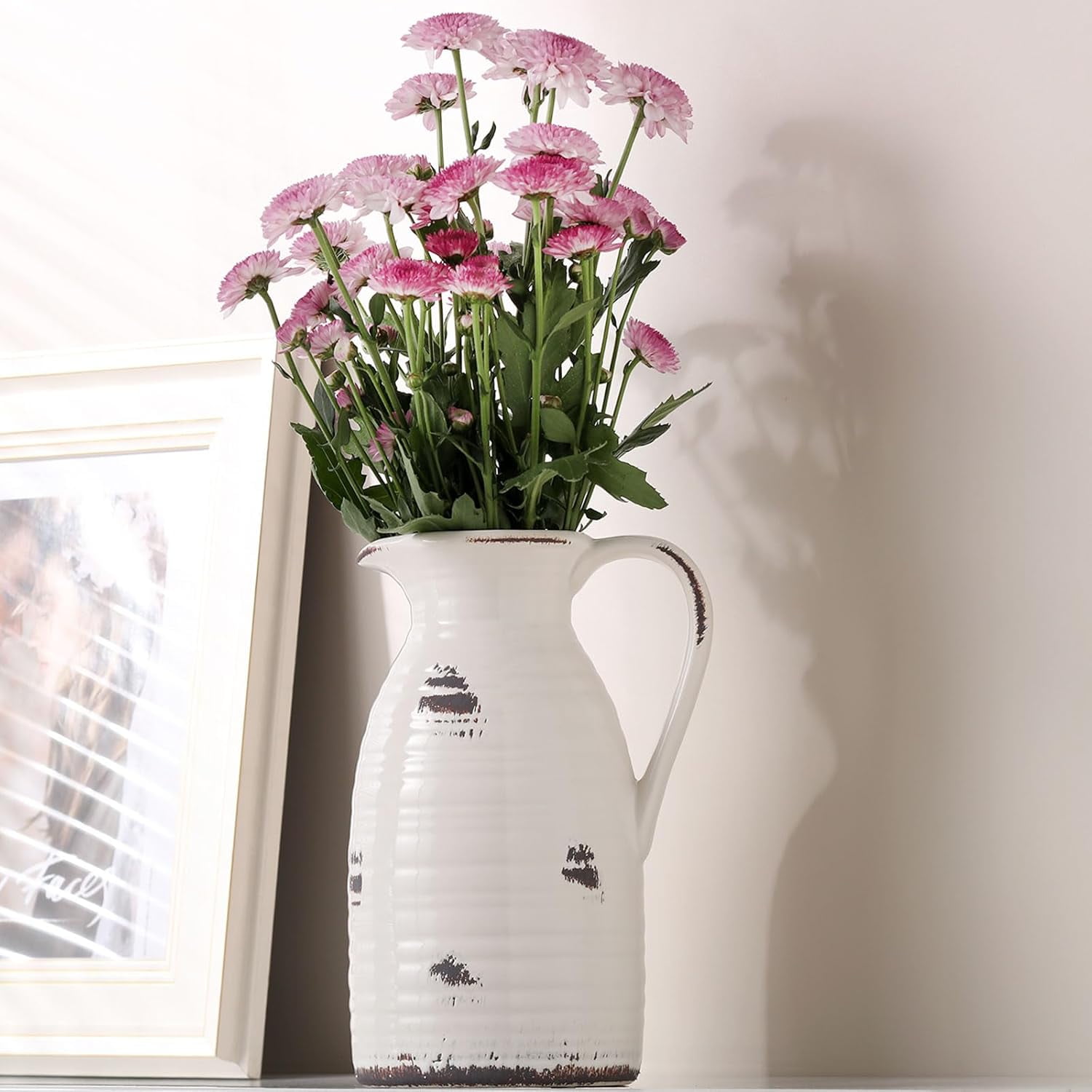 Farmhouse Pitcher Vase for Flowers- Ceramic Pitcher White Pitcher Vase ...