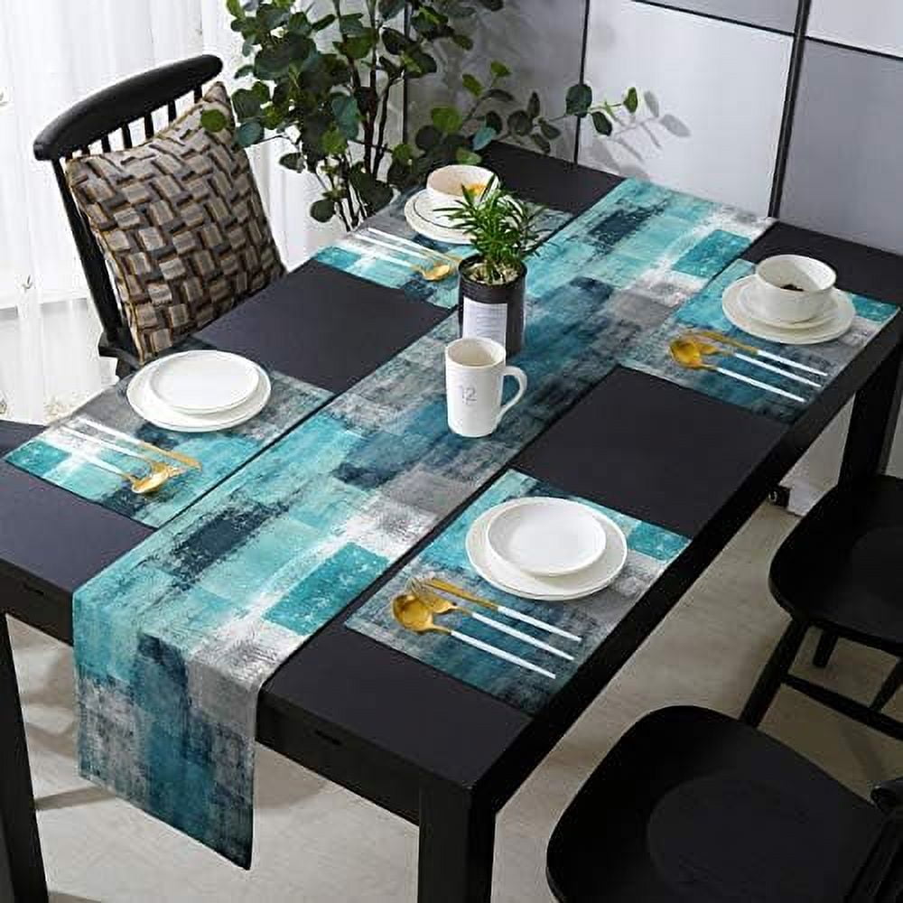 Farmhouse Placemats with Burlap Table Runner 70 inches Long Blue and ...