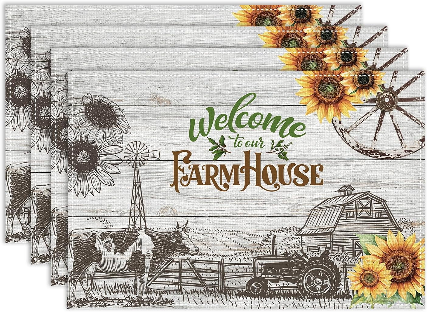 Farmhouse Placemats Set of 4, 12x18 Inch Rustic Country Barn Cottage ...