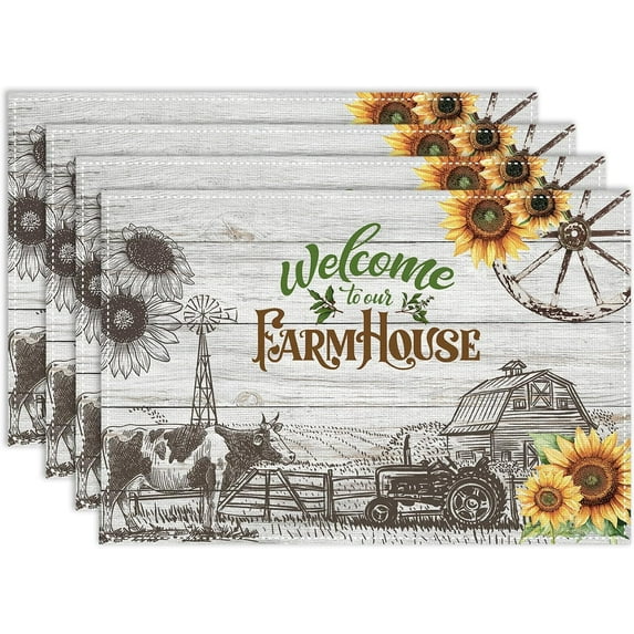 Farmhouse Placemats Set of 4, 12x18 Inch Rustic Country Barn Cottage ...