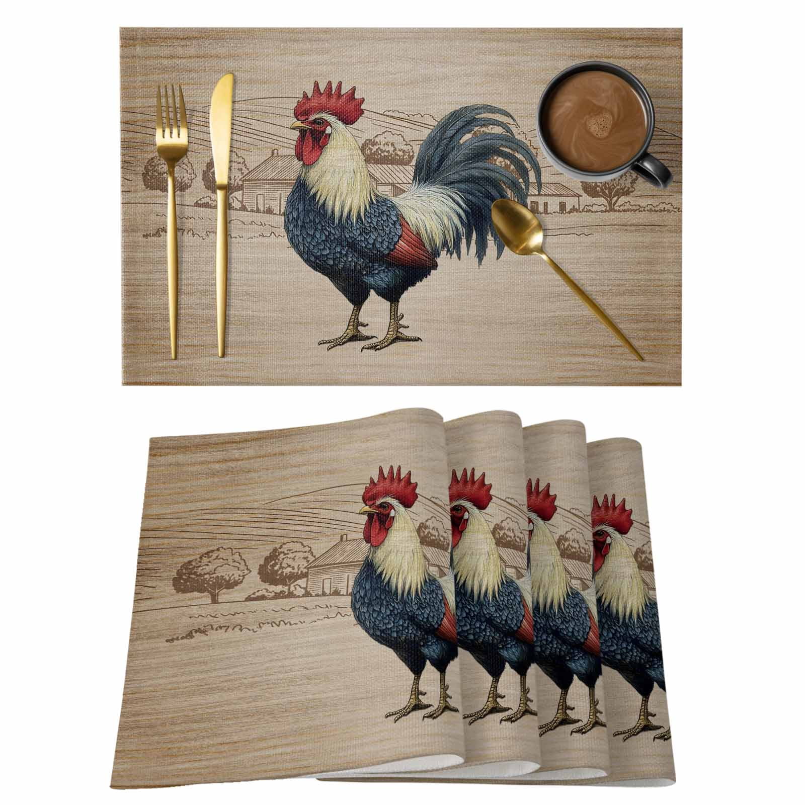 Farmhouse Placemats Set of 6, Early Rooster Animals Wood Grain Retro ...
