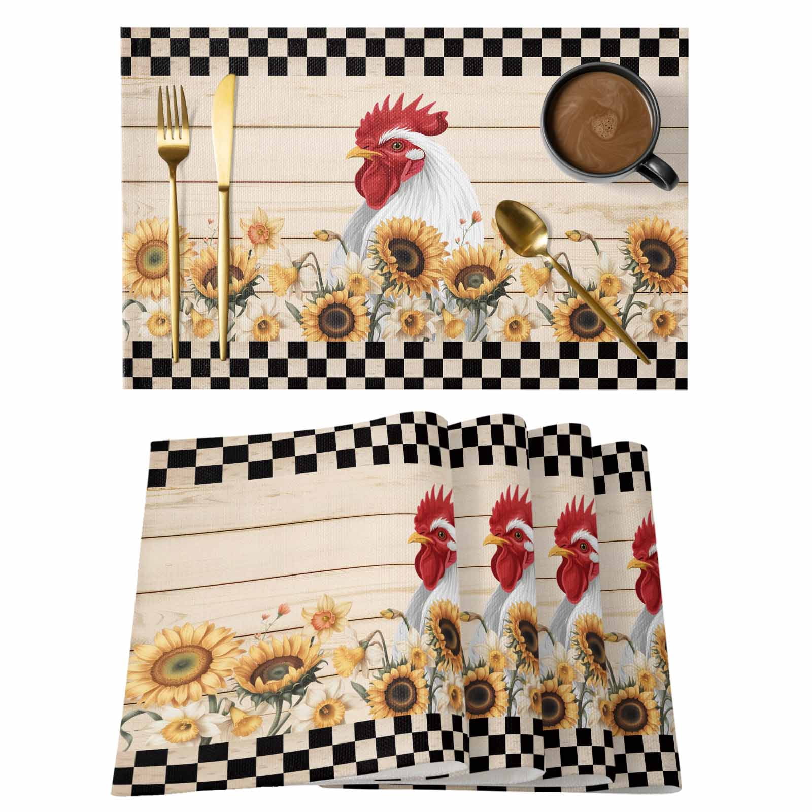 Farmhouse Placemats Set of 1 Vintage Farm Chicken Sunflowers Black ...