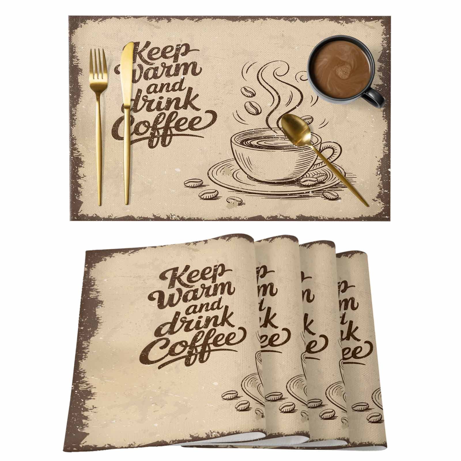 Farmhouse Placemats Set of 2 Keep Warm And Drink Coffee Vintage Mottled ...