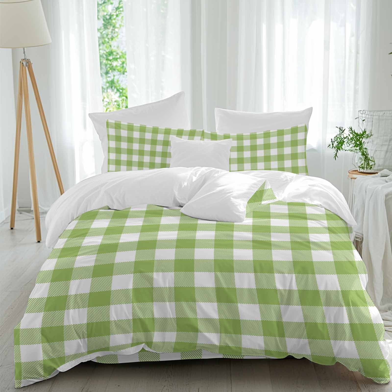 Farmhouse Plaid Design Queen Size Bed Set,Green and White Grid Bedding ...