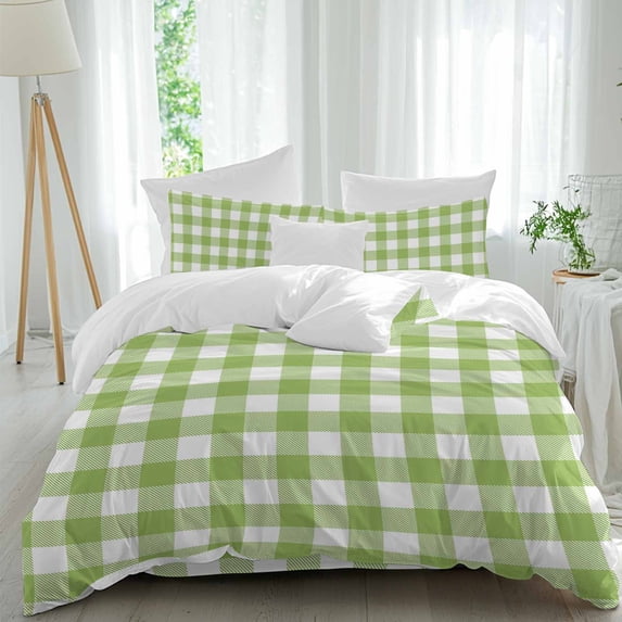 Farmhouse Plaid Design Queen Size Bed Set,Green and White Grid Bedding ...
