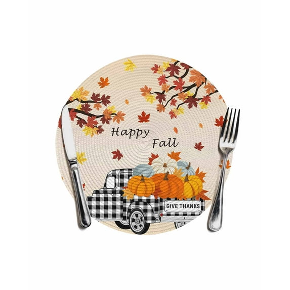 Farmhouse Plaid Truck Fall Thanksgiving Round Table Placemats 1 pc ...