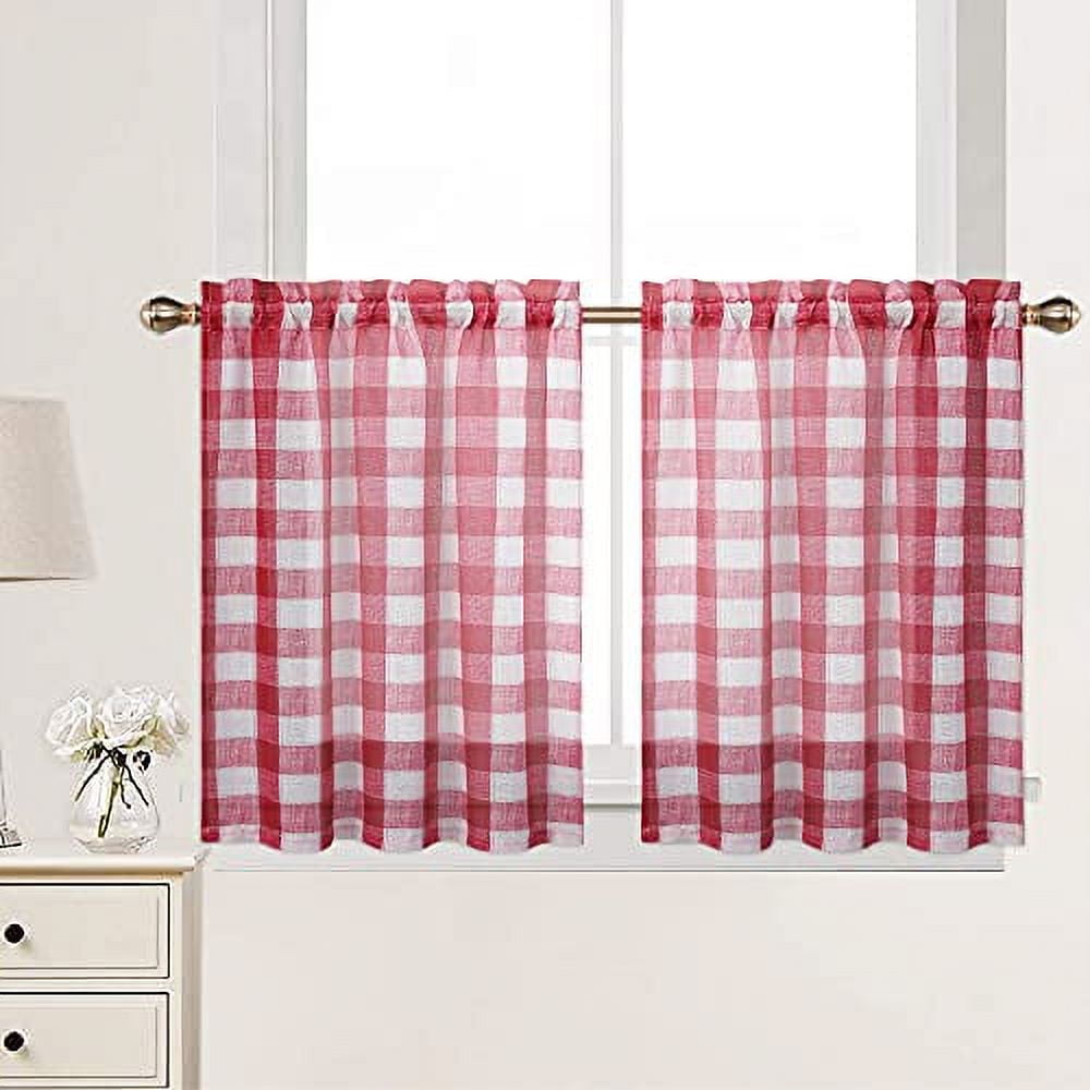 Farmhouse Plaid Window Curtains Semi Sheercountry Kitchen Curtains