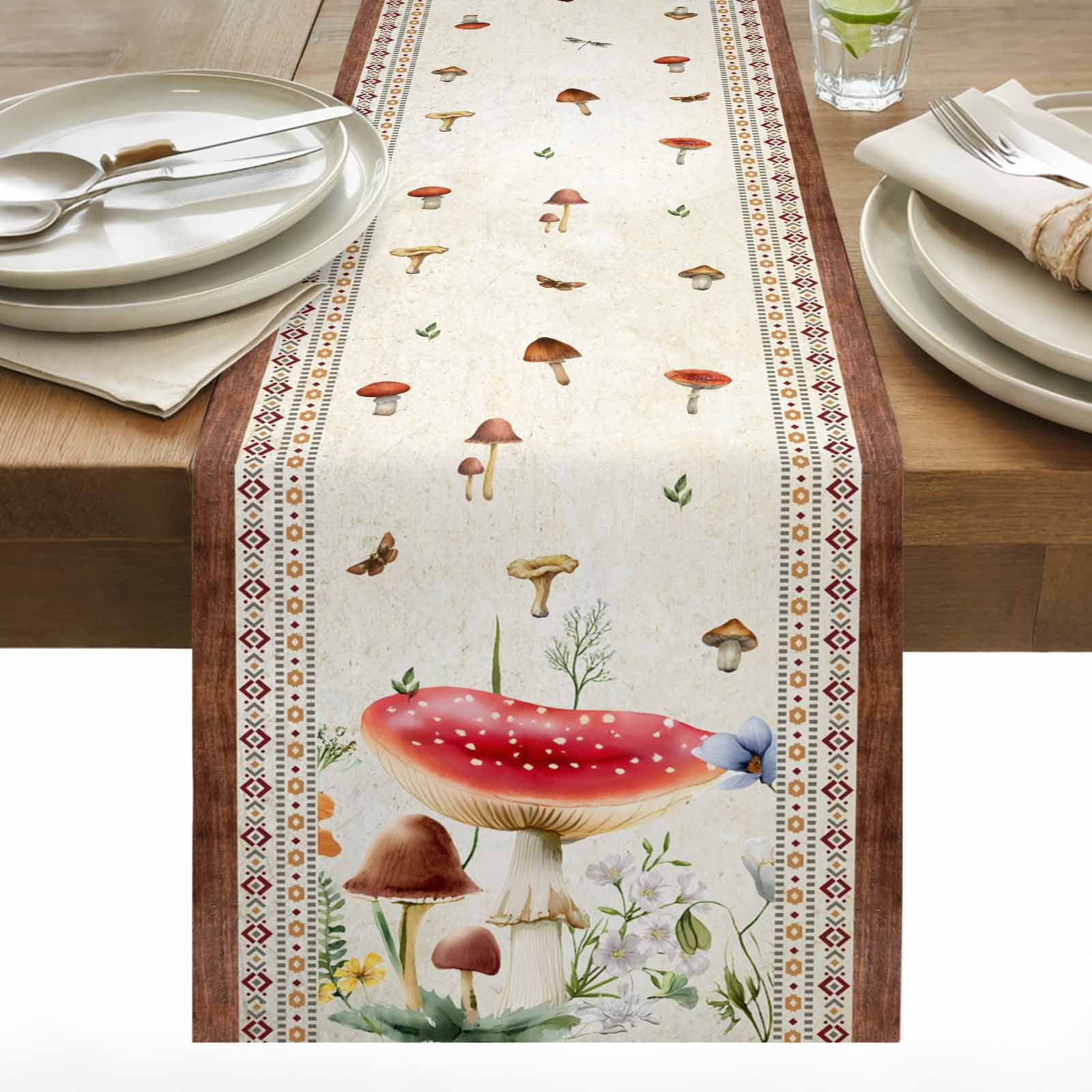 Farmhouse Plants Cotton Linen Table Runner Mushroom Leaf Floral Beige ...