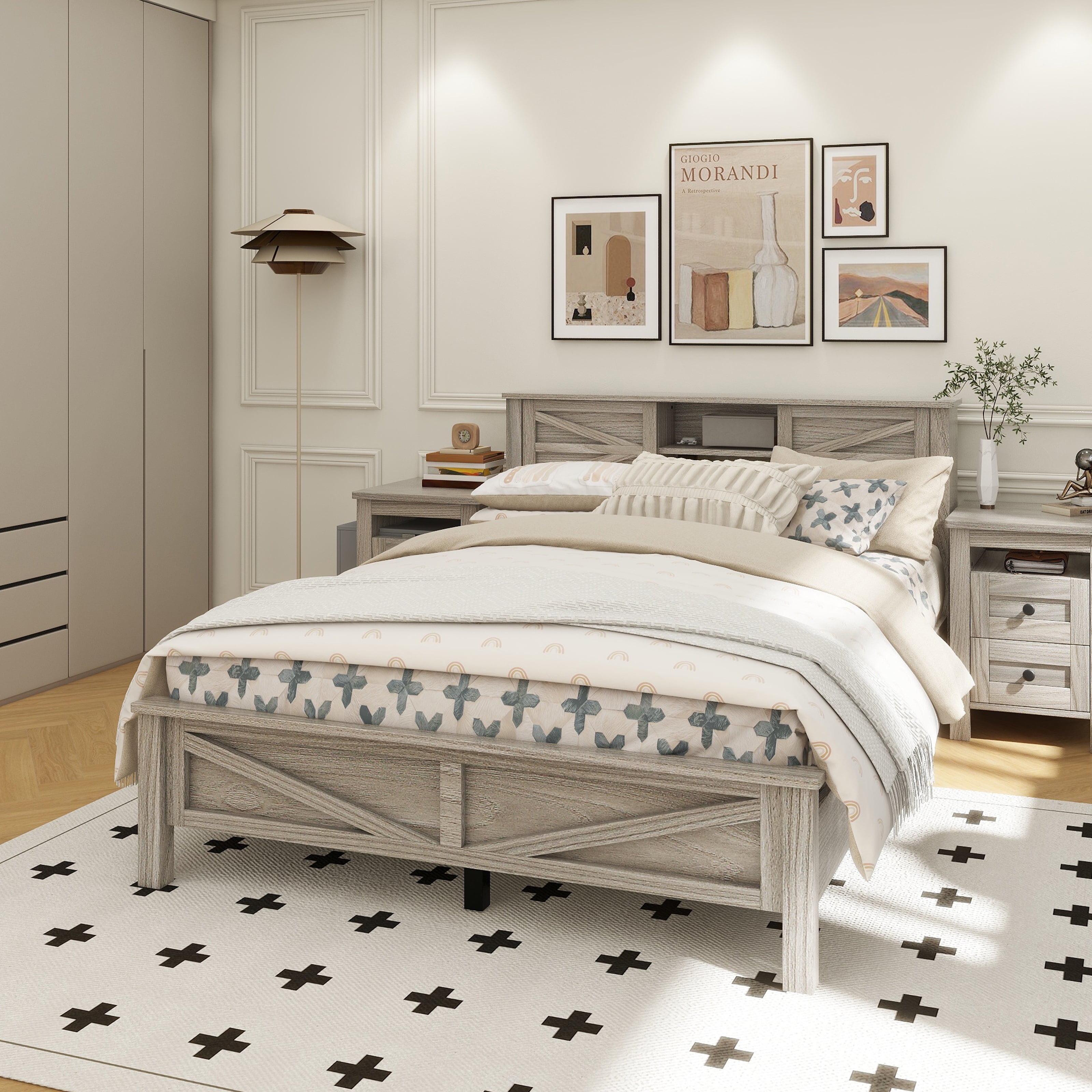 Farmhouse Platform Bed with Double Sliding Barn Door, Queen Size Rustic ...