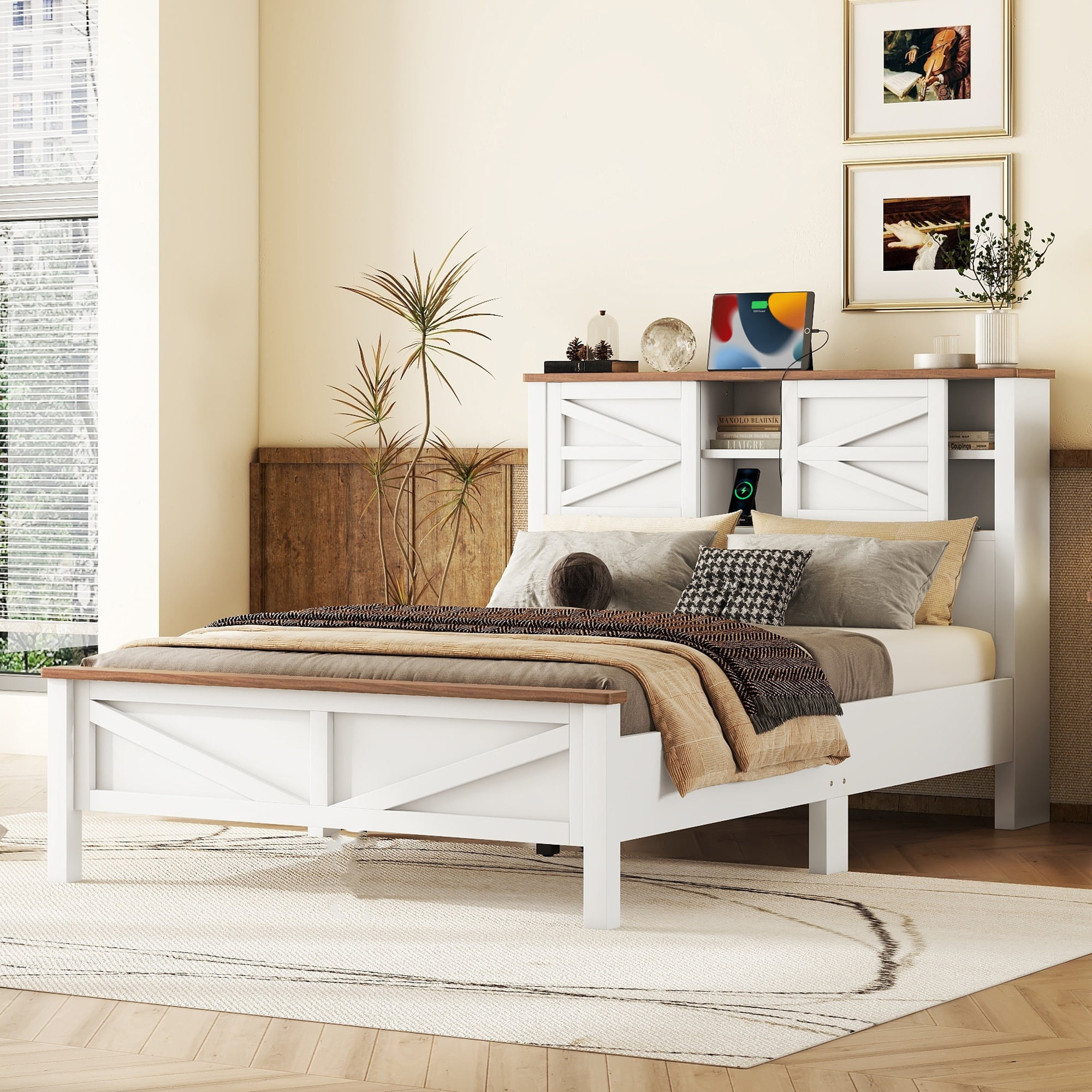 Farmhouse Platform Bed with Double Sliding Barn Door Storage - Full ...