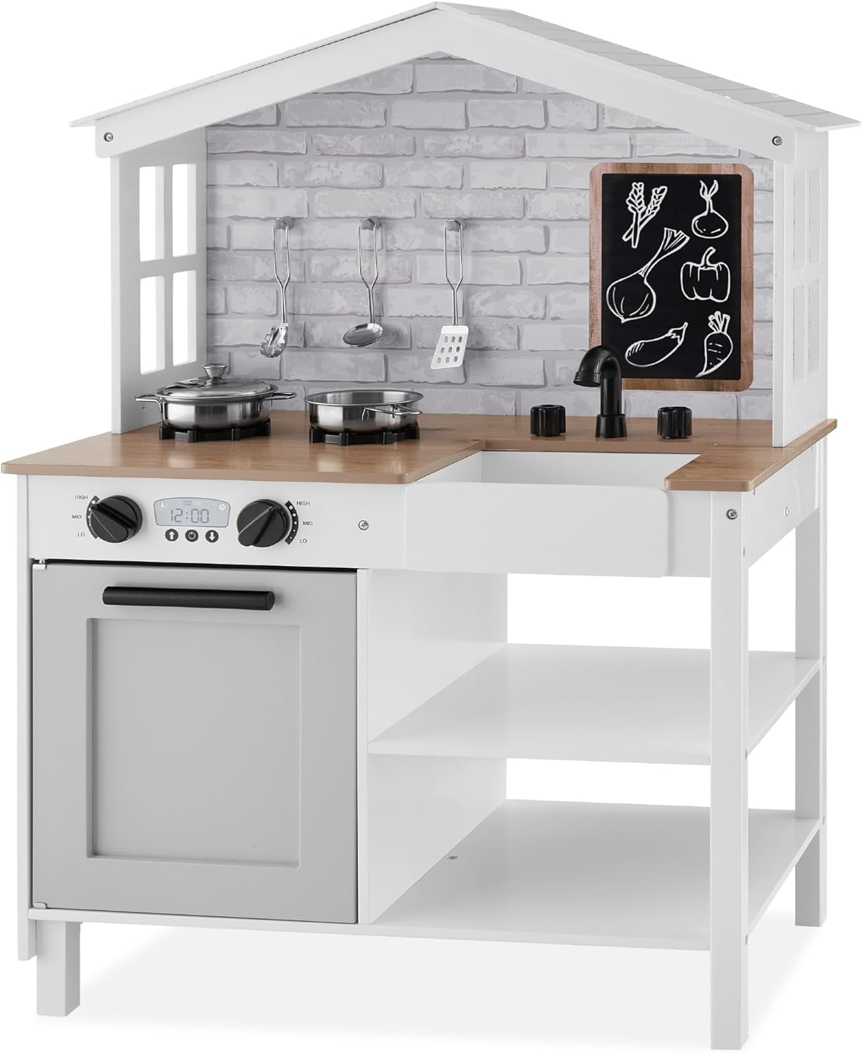 Farmhouse Play Kitchen Toy, Wooden Pretend Set for Kids w/Chalkboard, Marble Backdrop, Windows ...