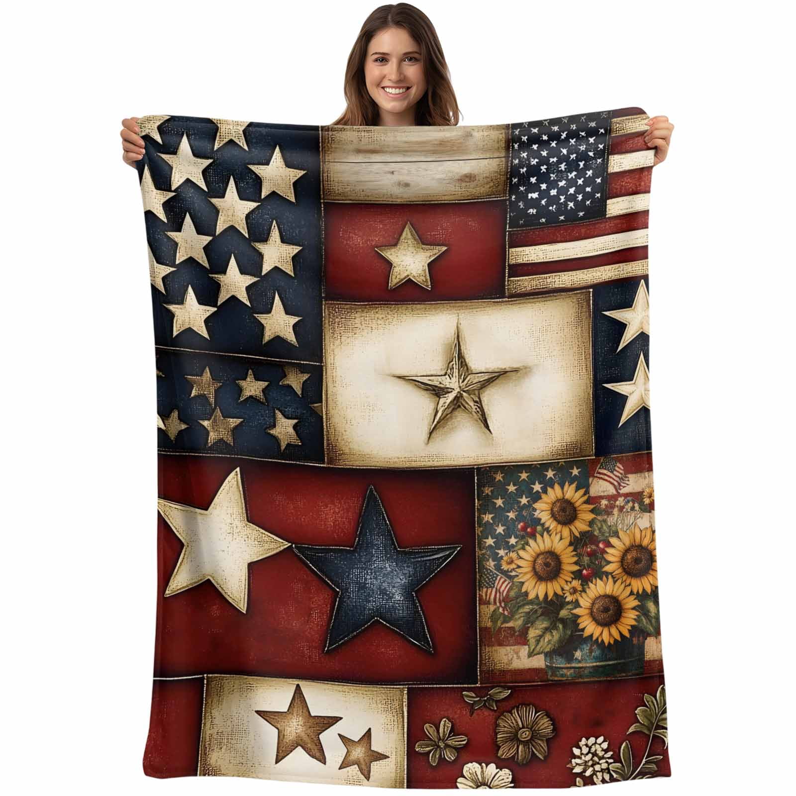 Farmhouse Primitive Barn Stars Throw Blankets, Retro American Flag Soft ...