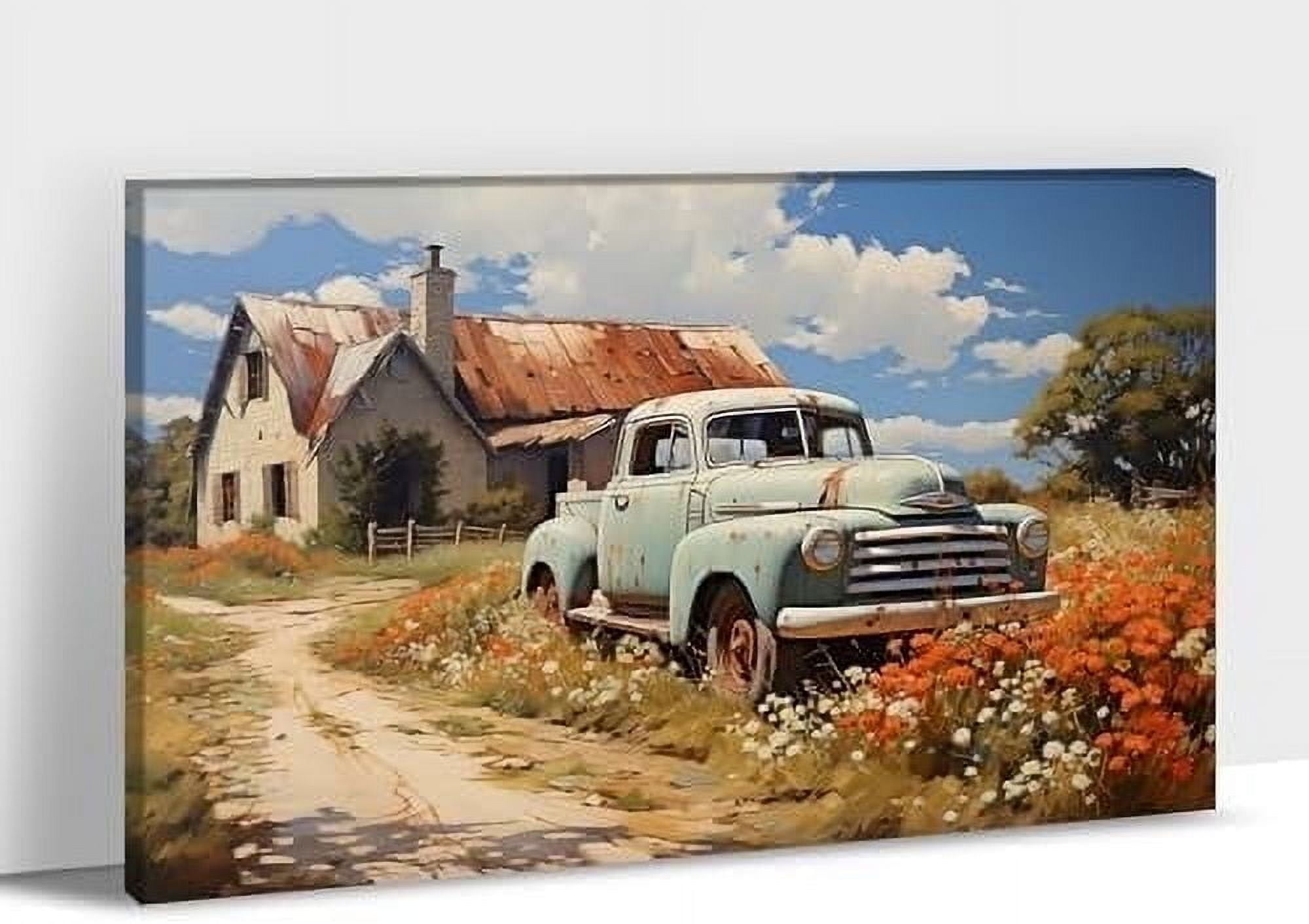 Farmhouse Prints Wall Art, Vintage Barn and Old Truck Picture Canvas ...