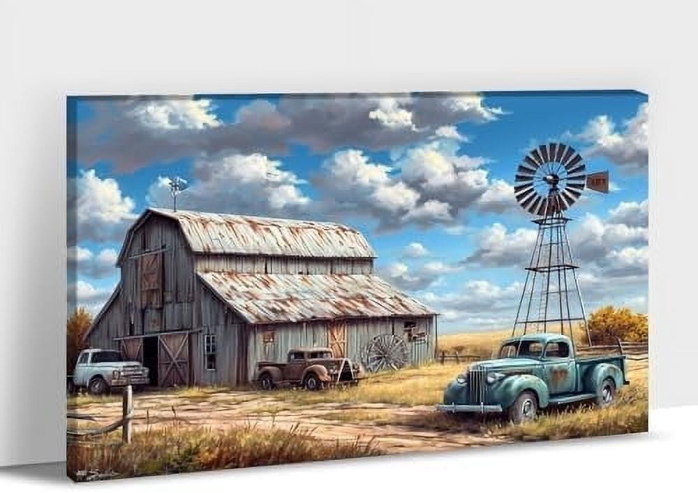 Farmhouse Prints Wall Art, Vintage Barn and Old Truck Canvas, Retro ...