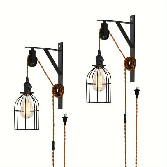 Farmhouse Pulley Plug-in Pendant Light Set - Brown Cord & Switch ...
