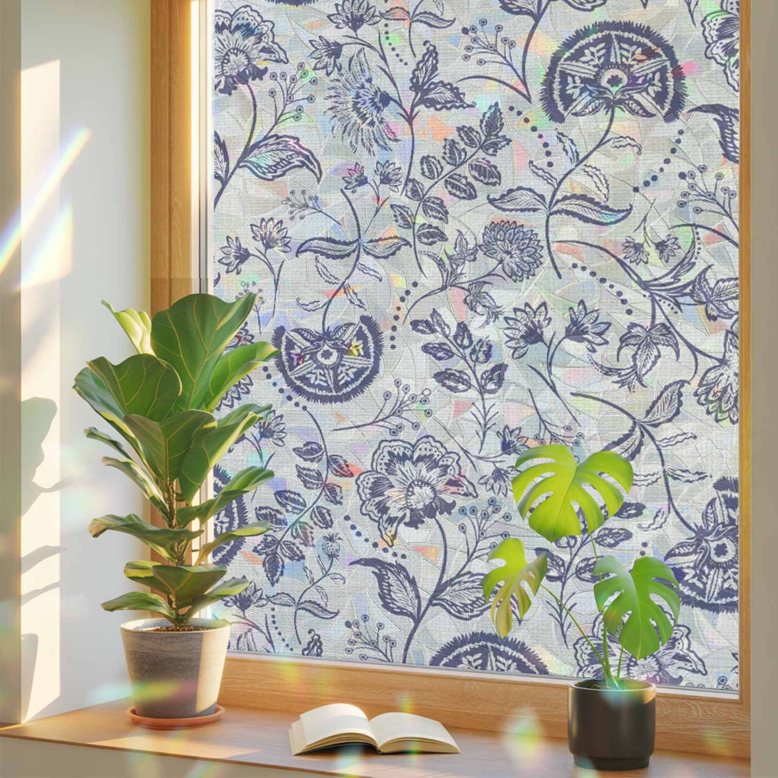 Farmhouse Purple Floral Window Privacy Film, Linen Boho Flower Rustic ...