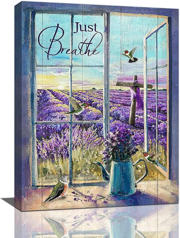 Farmhouse Purple Lavender Bathroom Flower Decor Wall Art Just Breathe ...