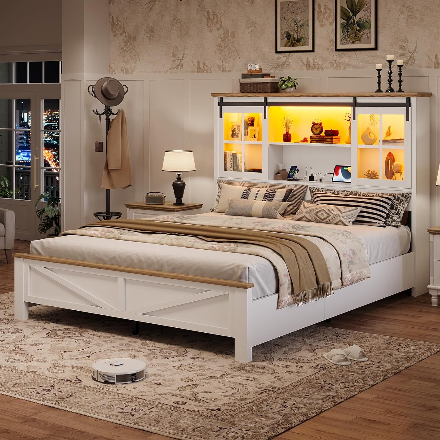 Queen bookcase headboard with lights store