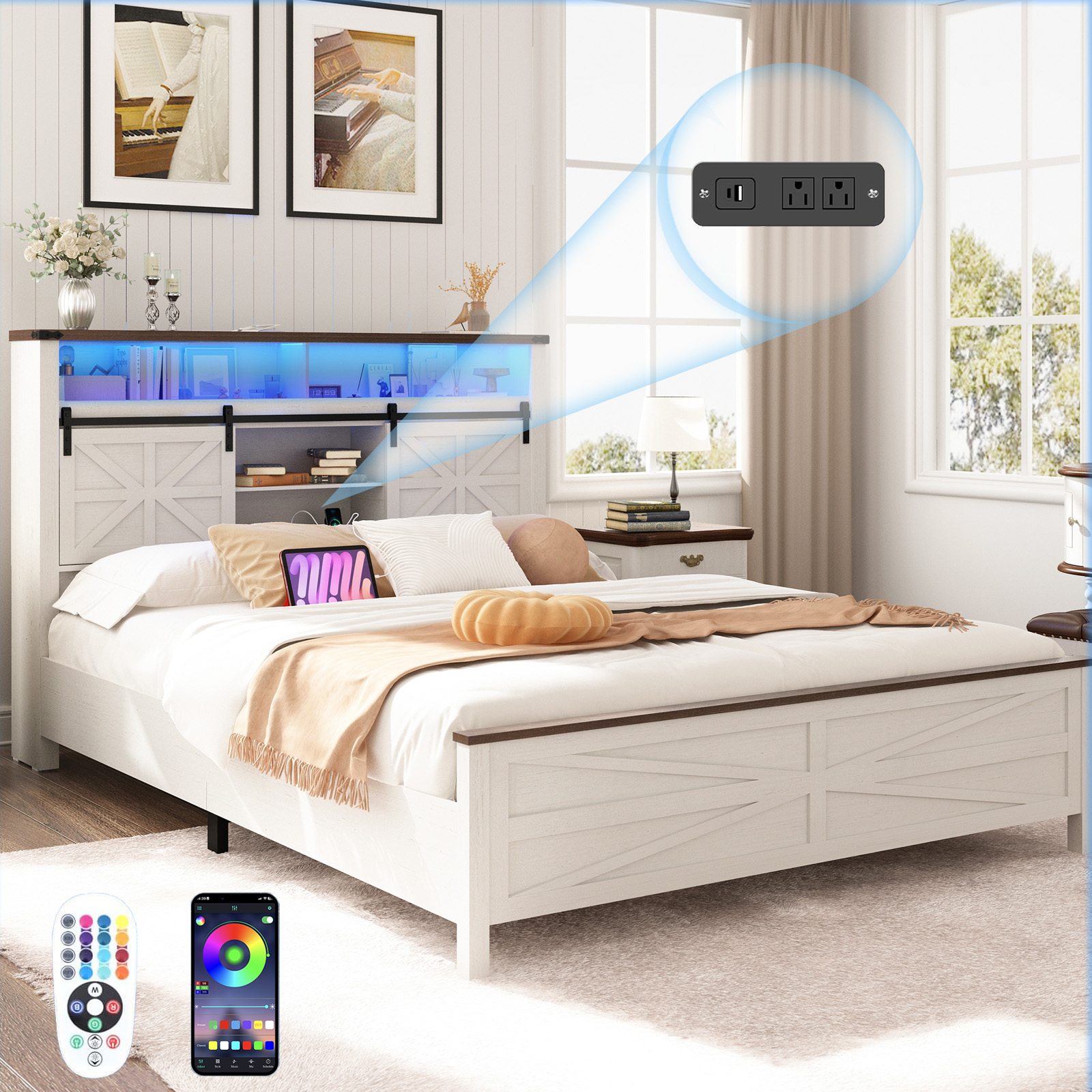 Furniture of America Quaker Contemporary Wood LED Panel Bed, Queen ...