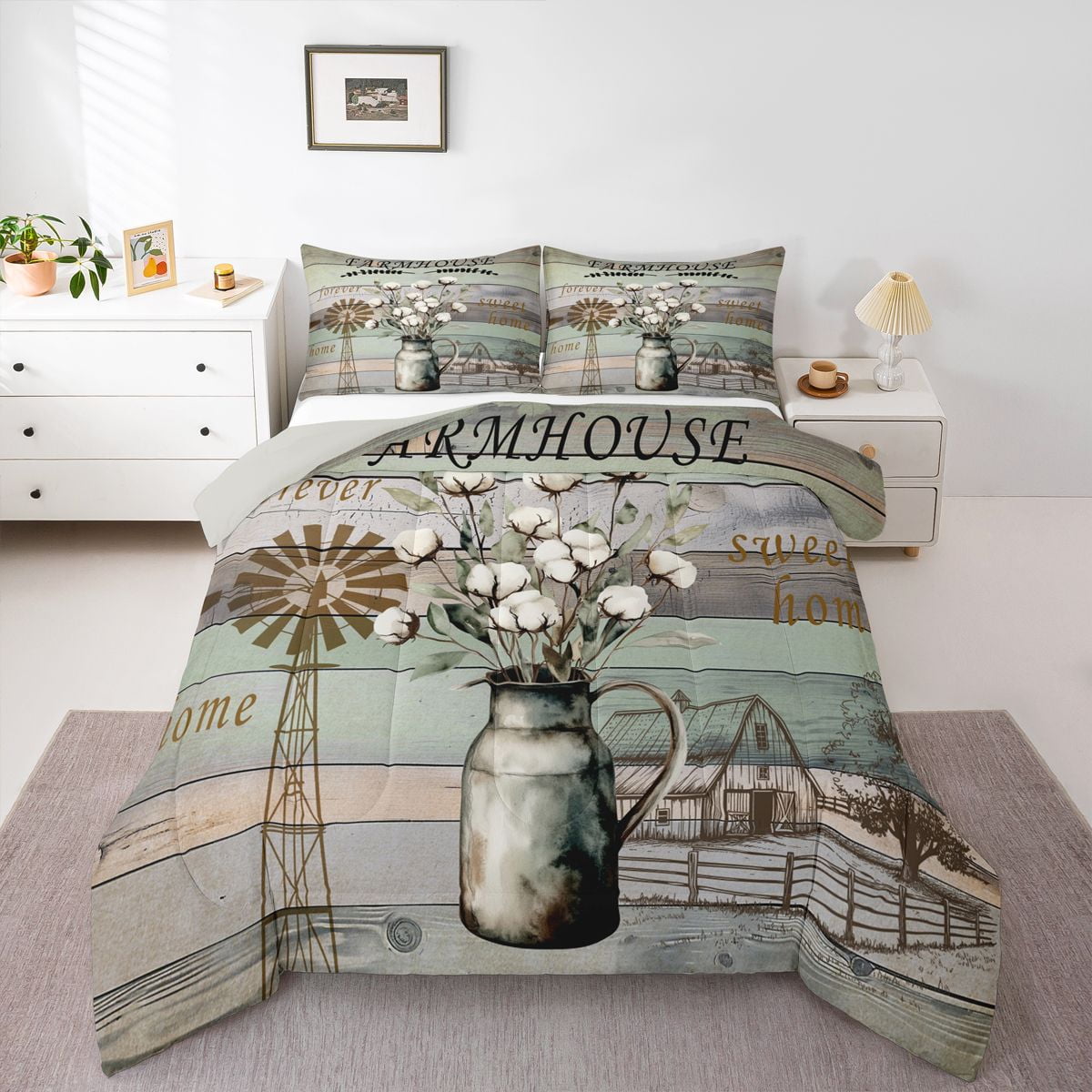 Farmhouse Quilt Country Floral Cotton Flower Comforter Set,Rustic ...