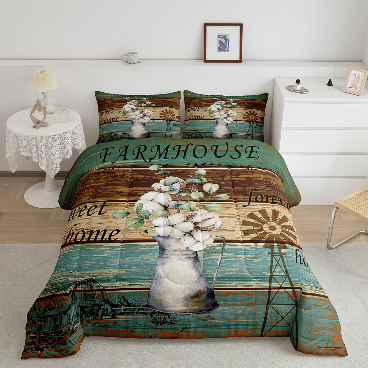 Farmhouse Quilt Country Floral Cotton Flower Comforter Set,Rustic ...