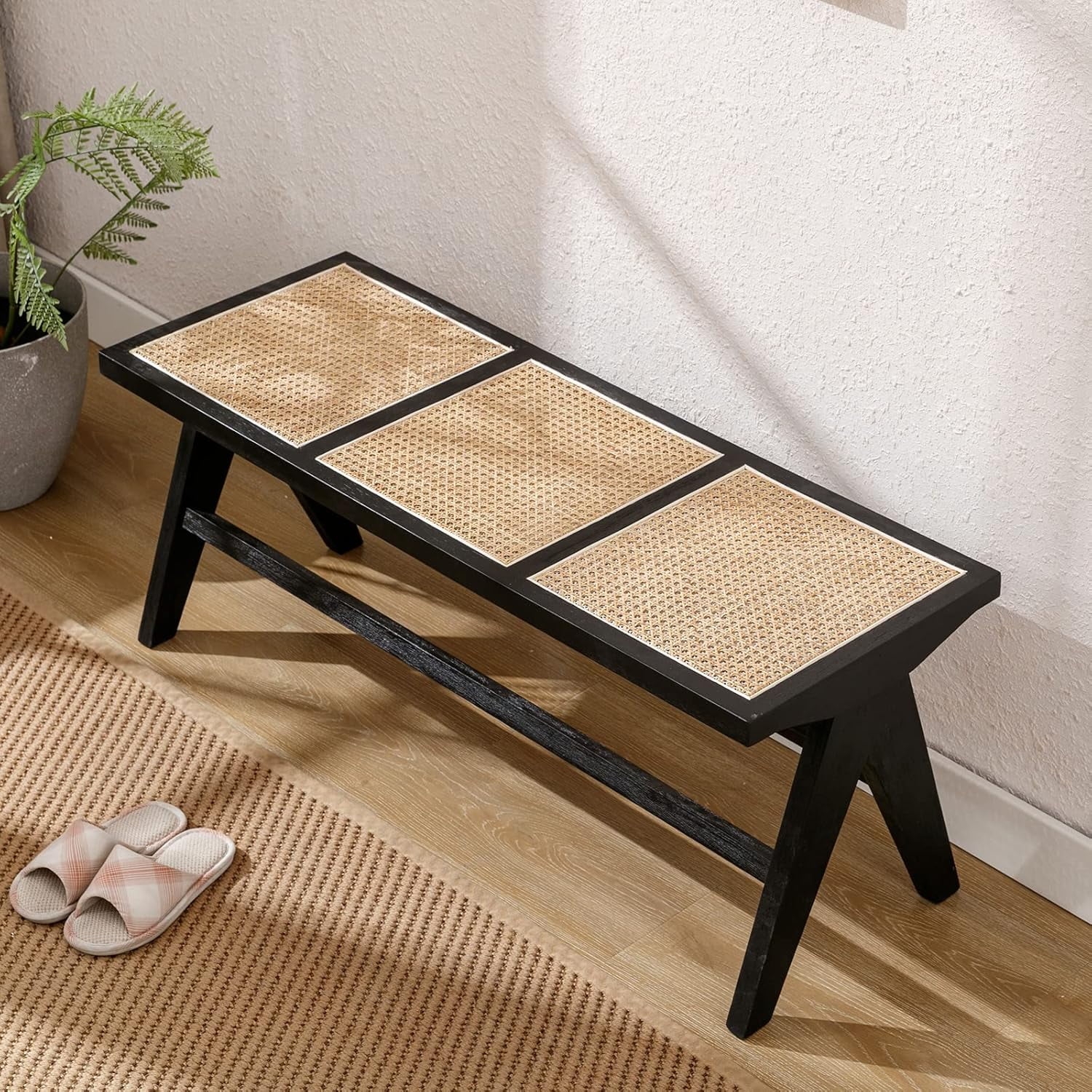 Farmhouse Rattan Bench, Entryway Bench with Footrest, Wood Cane Bench ...