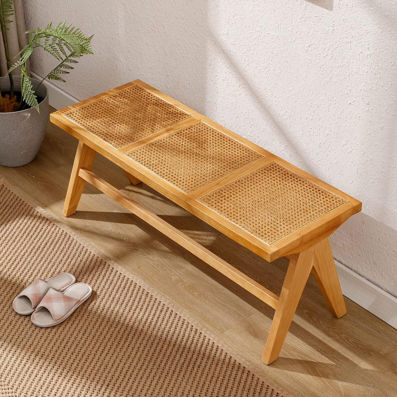 Farmhouse Rattan Bench, Entryway Bench with Footrest, Wood Cane Bench ...