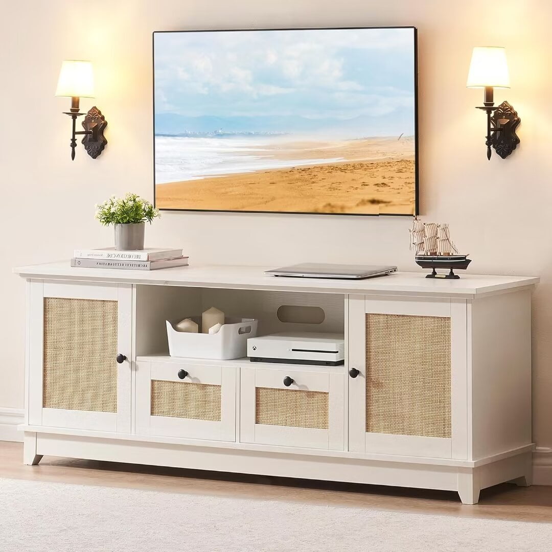 Farmhouse Rattan TV Stand for 65 Inch TV, Modern Entertainment Center ...