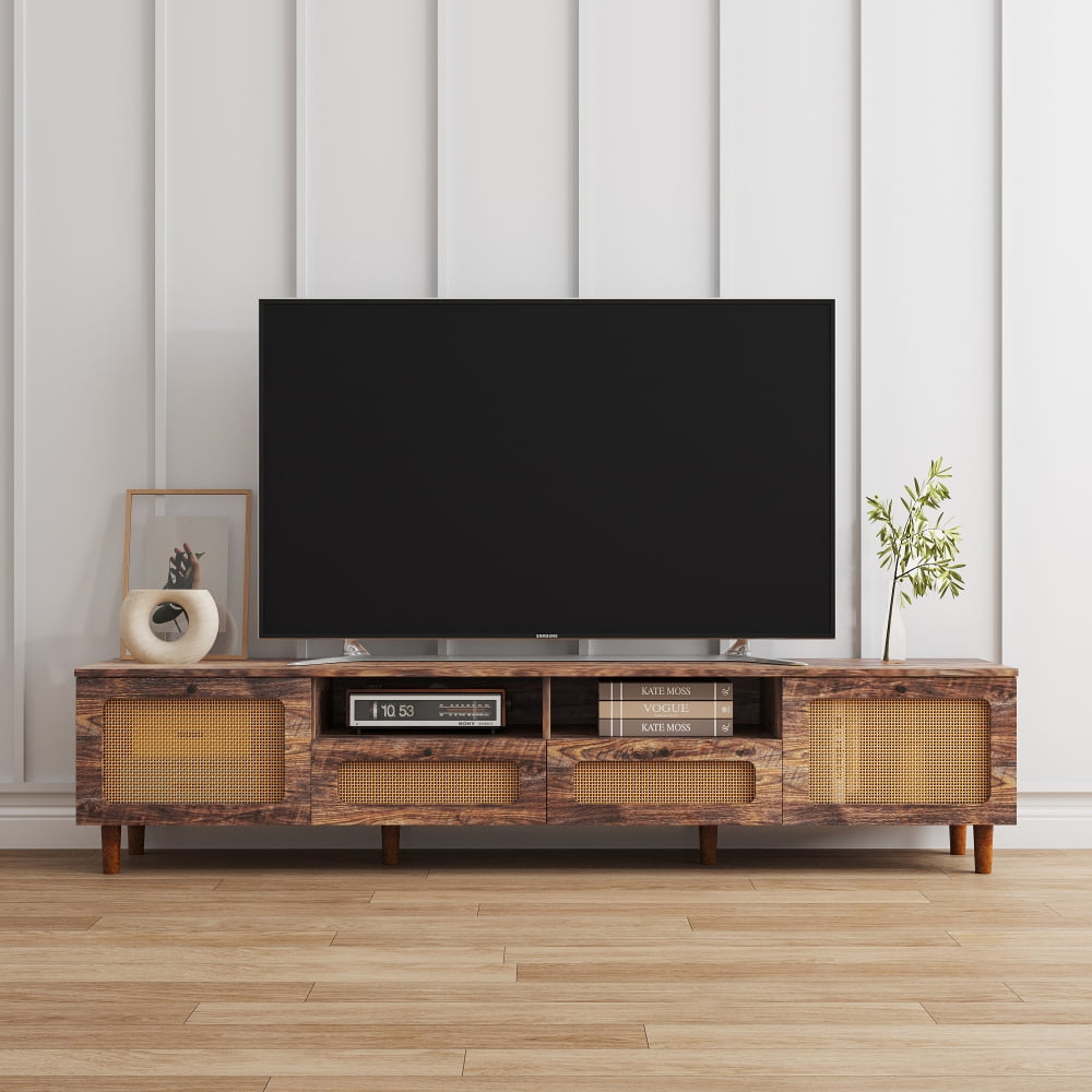 Farmhouse Rattan TV Stand,Modern Wood Media Entertainment Center with 2 ...
