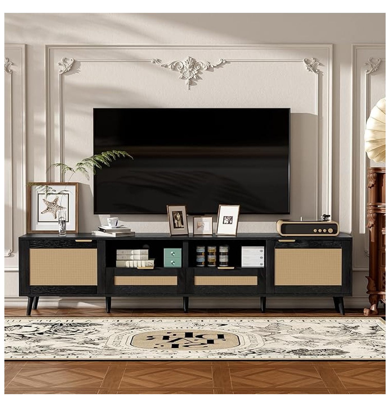 Farmhouse Rattan TV Stand for TVs up to 85'', Media Console with 2 ...